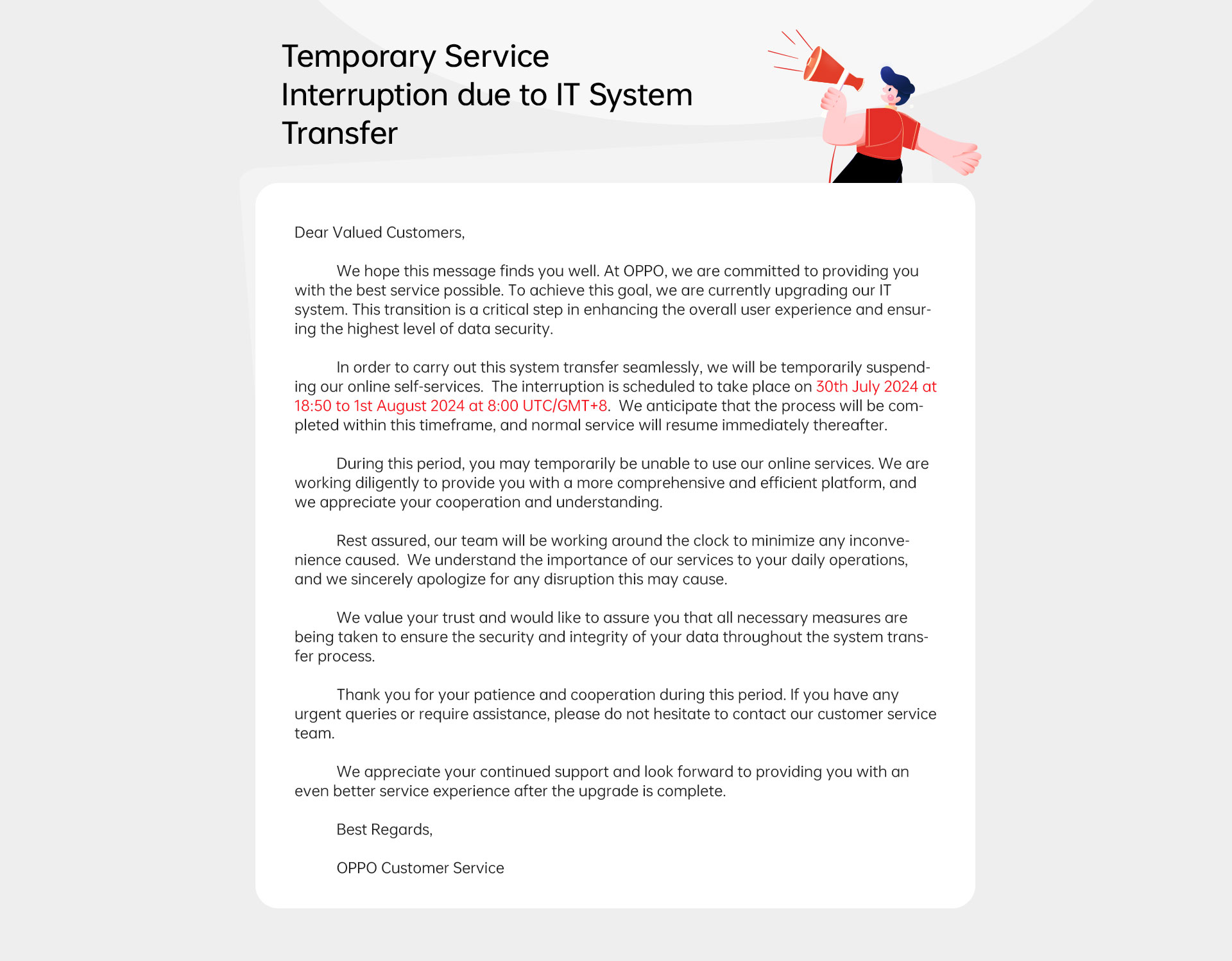 Temporary Service Interruption due to IT System Transfer