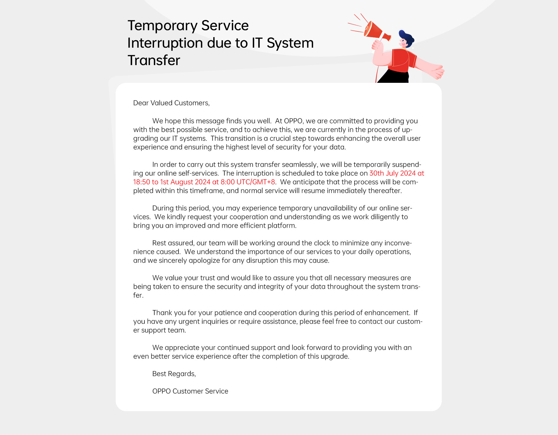 Temporary Service Interruption due to IT System Transfer